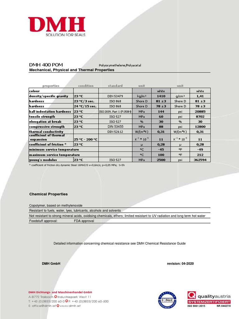 DMH 400 Pom: Mechanical, Physical and Thermal Properties | PDF ...