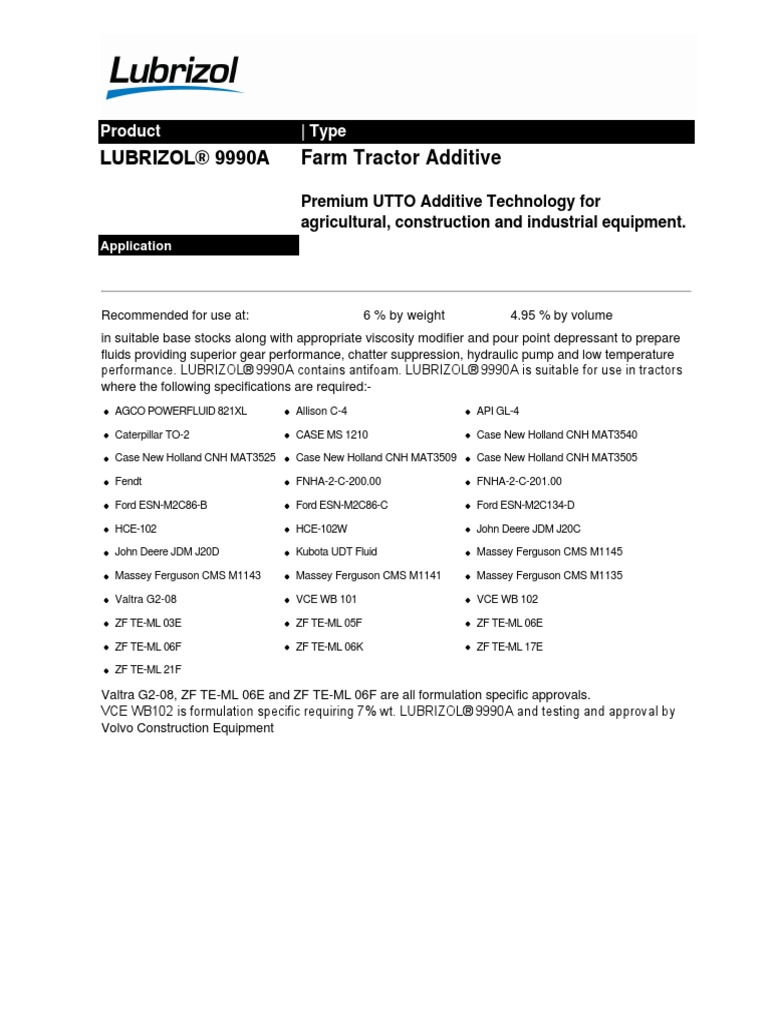 LUBRIZOL® 9990A Farm Tractor Additive: Product - Type | Download Free ...