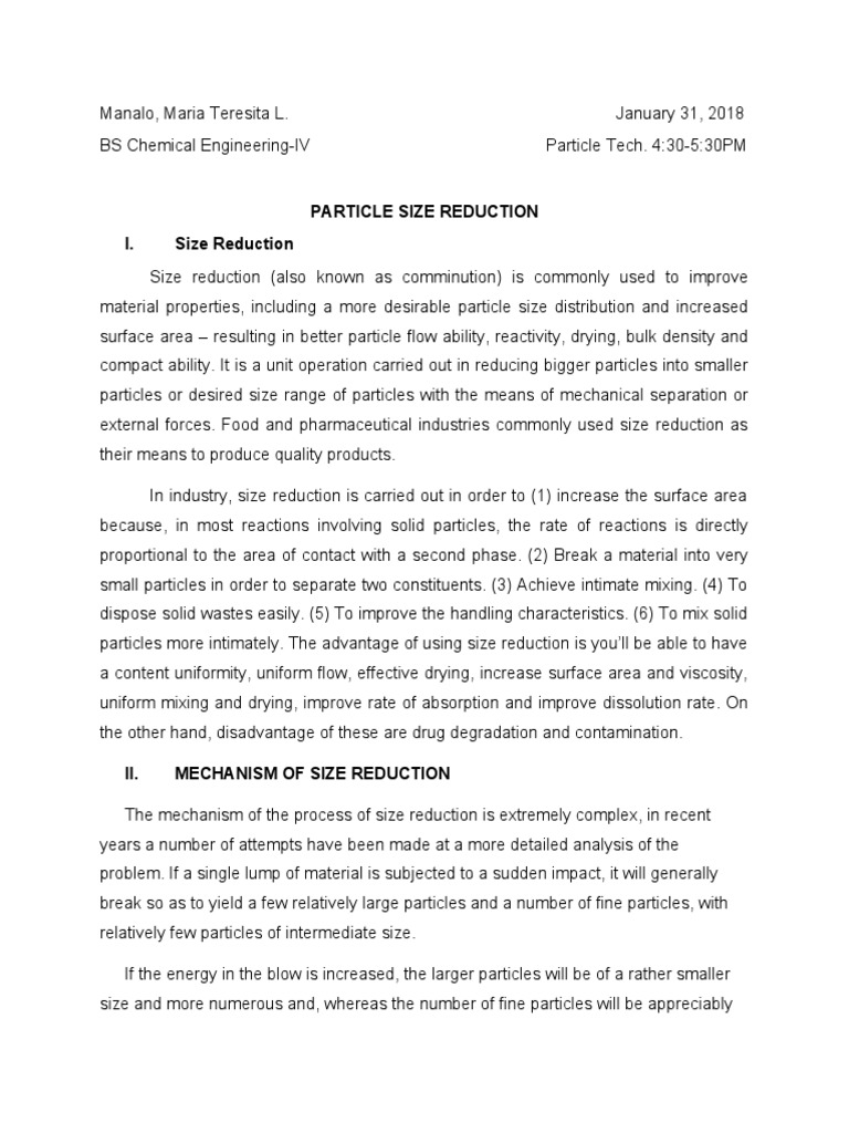 Particle Size Reduction I. Size Reduction | PDF | Mill (Grinding ...