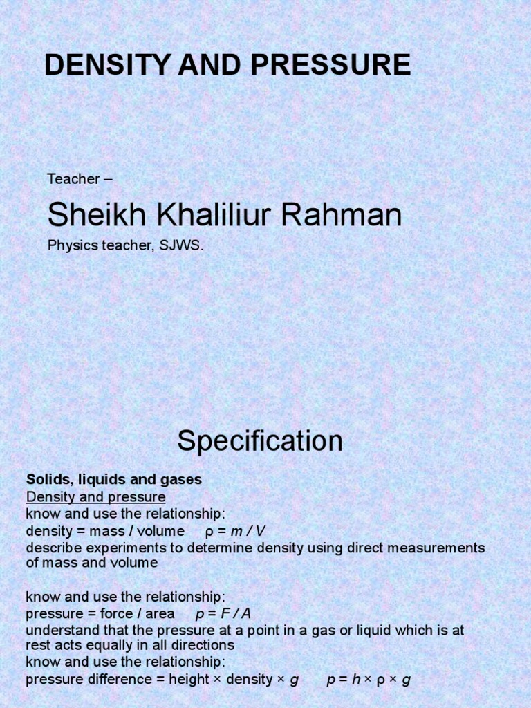 Density and Pressure in Physics Concepts | PDF | Pascal (Unit) | Pressure