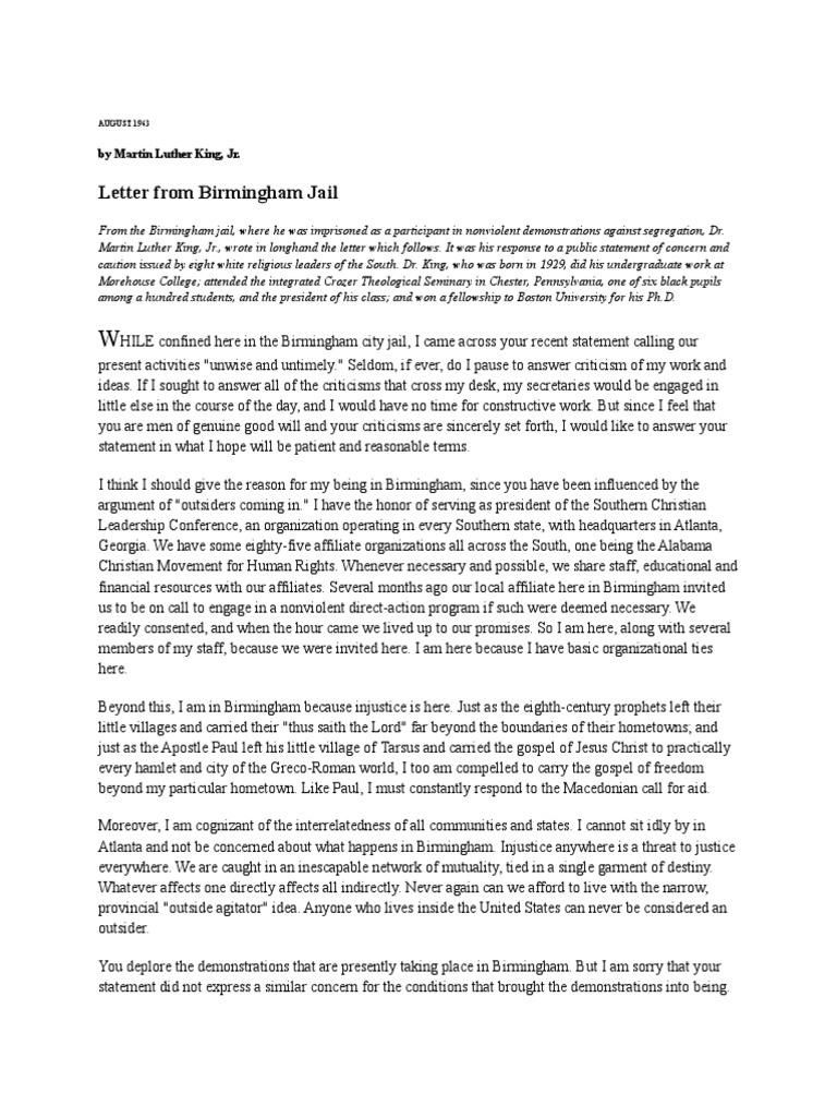 Letter From Birmingham Jail | PDF | Martin Luther King Jr. | Extremism