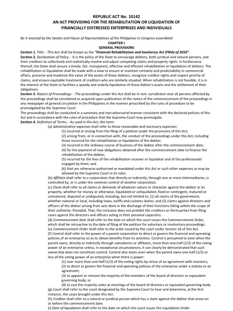 RA 10142 - Credit Trans | PDF | Bankruptcy | Receivership