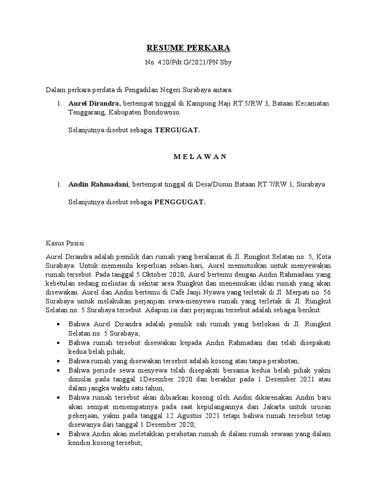 Resume Perkara Tergugat Untuk Mediasi | PDF