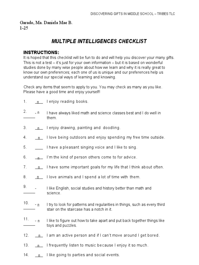 Multiple Intelligences Checklist: Instructions | PDF | Science | Science And Technology