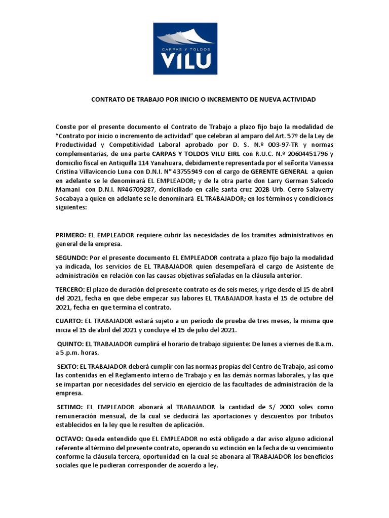 Contrato de Trabajo Por Inicio o Incremento de Nueva Actividad | PDF | Derecho laboral | Gobierno