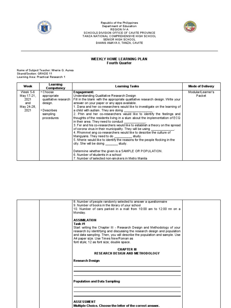 Weekly Home Learning Plan Fourth Quarter: Schools Division Office of ...