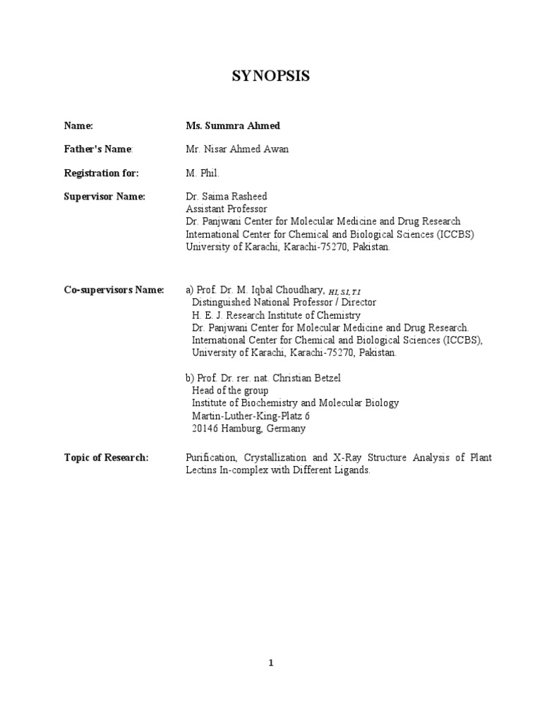 Synopsis: Name: Ms. Summra Ahmed Father's Name: Registration For ...
