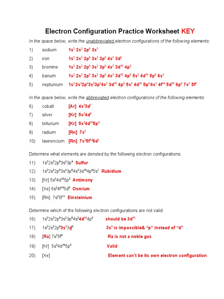 Electron Confiuration Practice Ws Key Pdf 3816