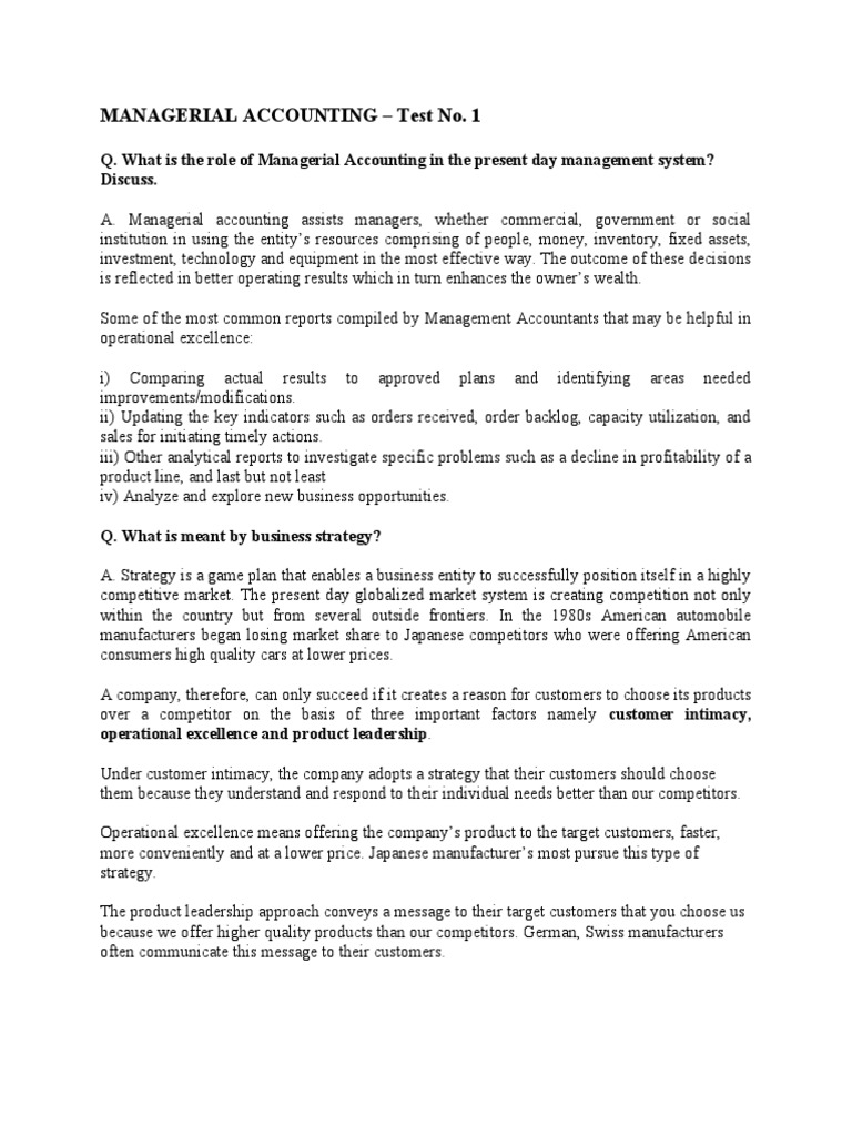 MANAGERIAL ACCOUNTING - Test 1 | PDF | Accounting | Cost