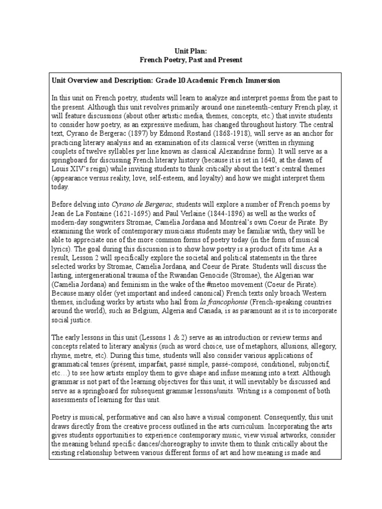 Unit Plan Grade 10 French Immersion Poetry | PDF | Poetry | Rubric ...