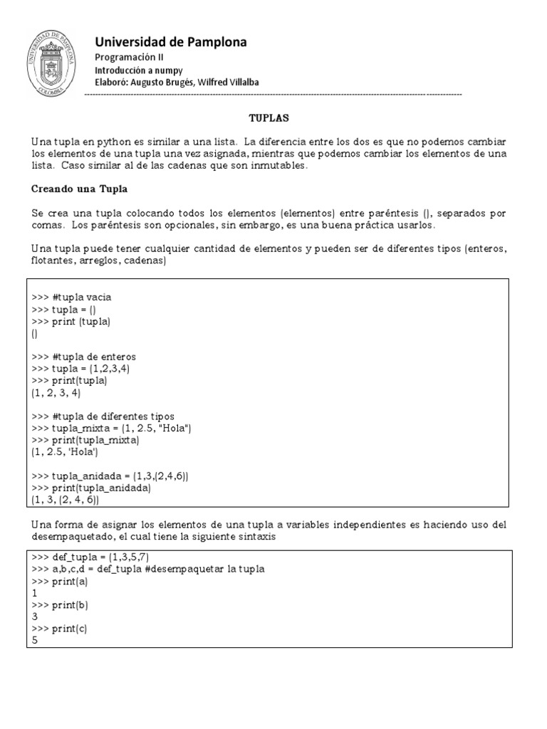 Guía de Tuplas y NumPy para Estudiantes | PDF | Estructura de datos de ...