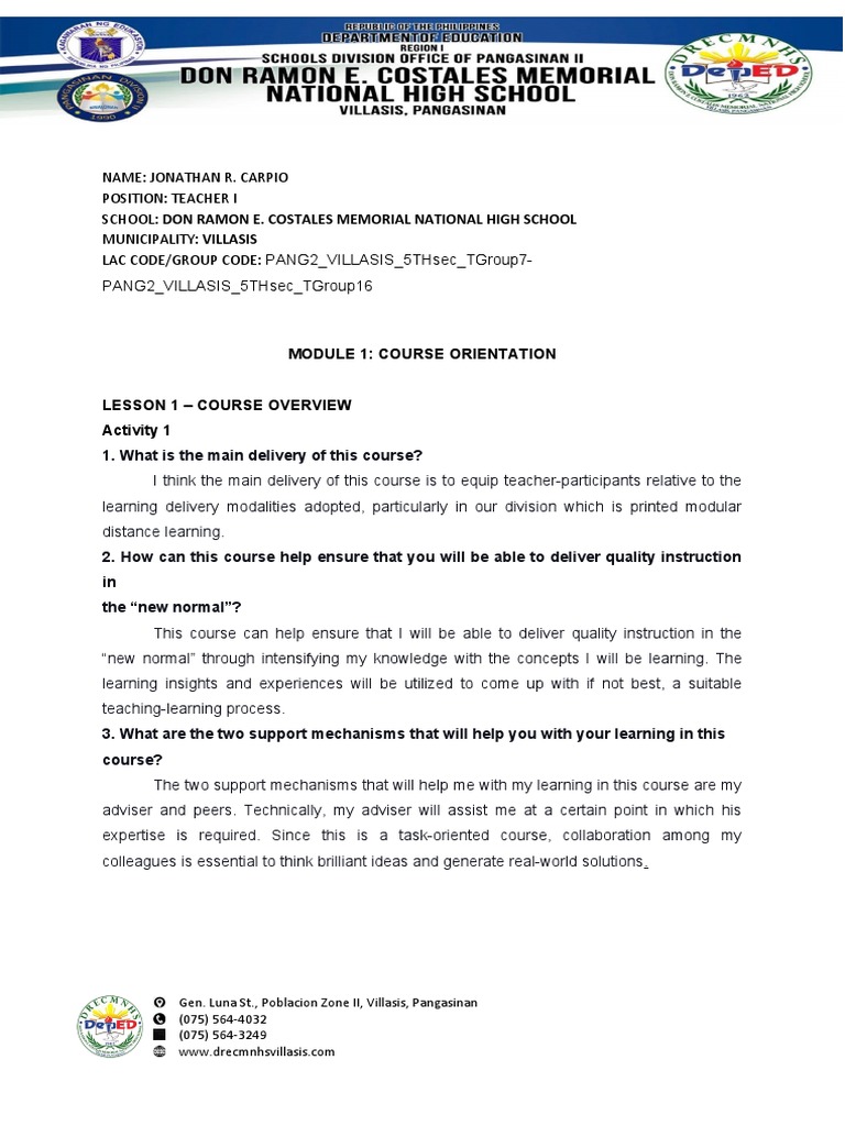 Module 1: Course Orientation: 1. What Is The Main Delivery of This ...