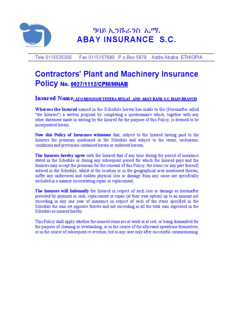 Abay Insurance S.C.: Insured Name | PDF | Insurance | Depreciation
