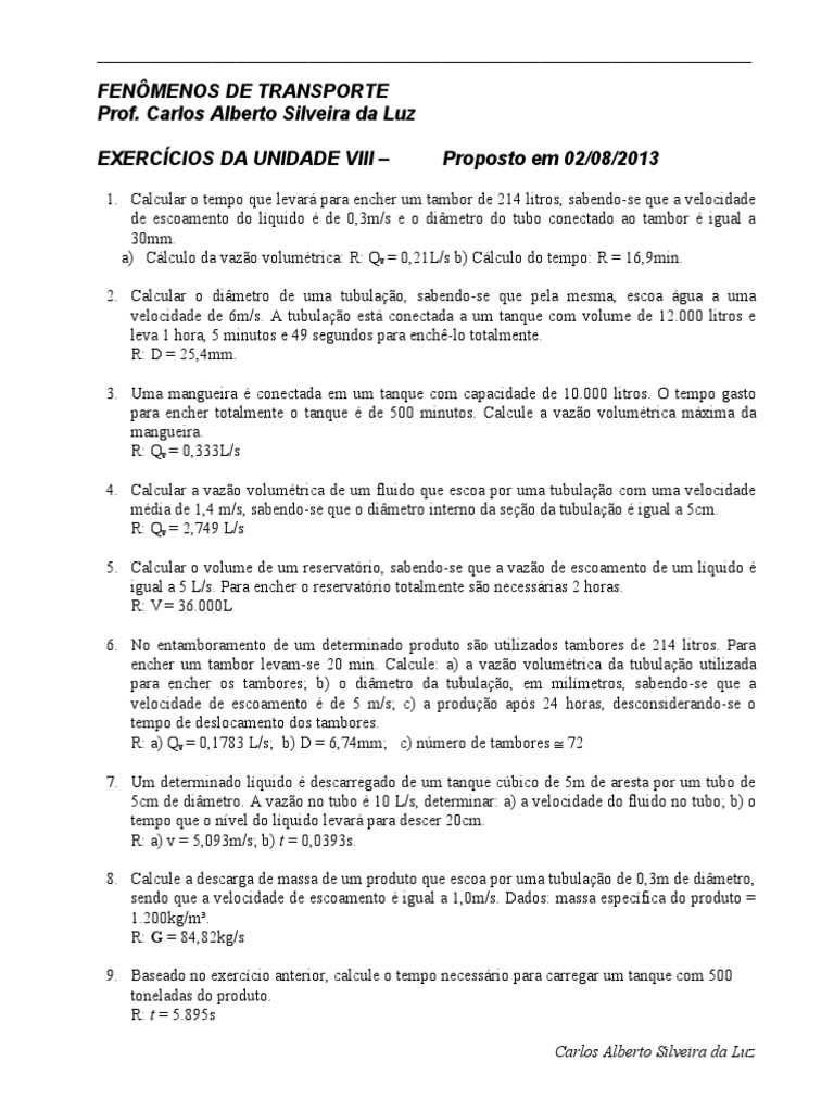 Exercícios sobre fenômenos de transporte envolvendo cálculos de vazão ...
