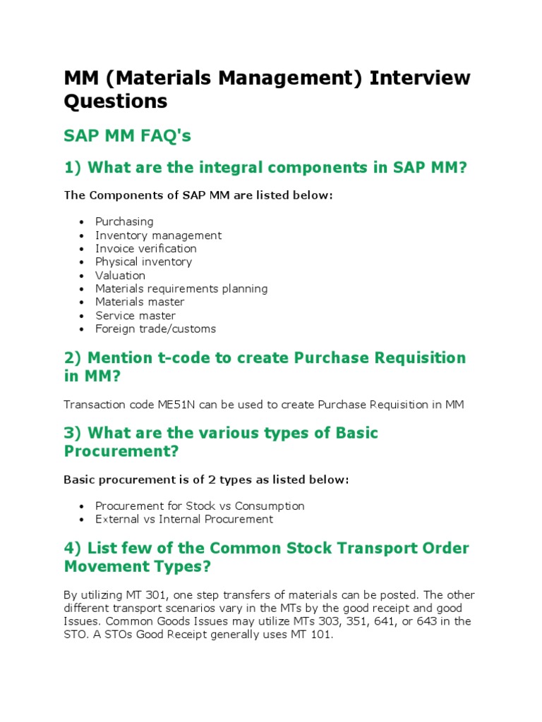 MM (Materials Management) Interview Questions: Sap MM Faq'S | PDF ...