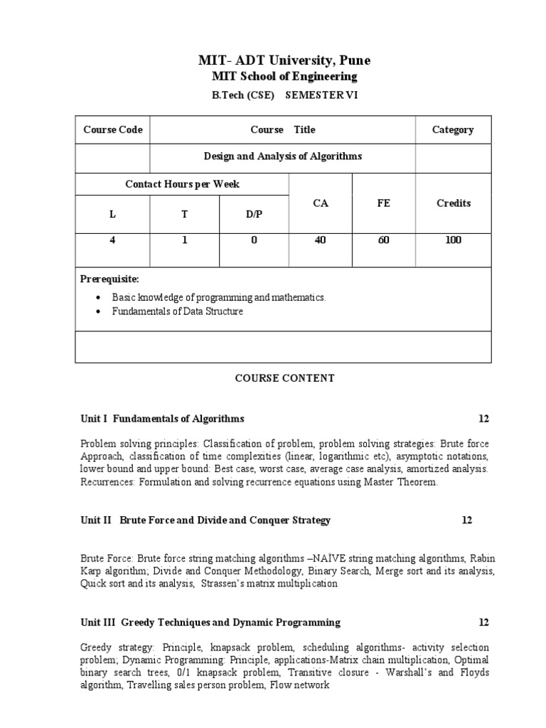 Daa Syllabus 2021 | PDF | Dynamic Programming | Algorithms Daa Syllabus 2021 | PDF | Dynamic Programming | Algorithms