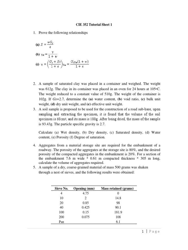 CIE-352 Tutorial Sheet 1 | PDF | Porosity | Density