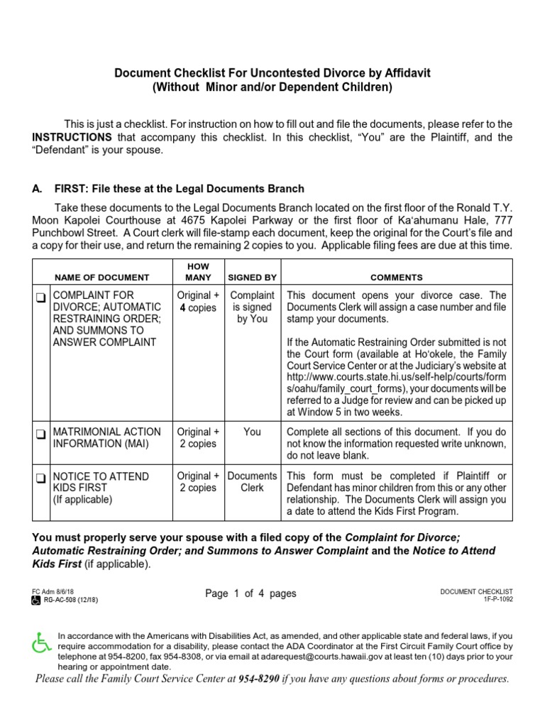 Uncontested Divorce Document Checklist | PDF | Service Of Process ...