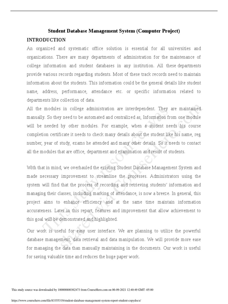 This Study Resource Was: Student Database Management System (Computer ...