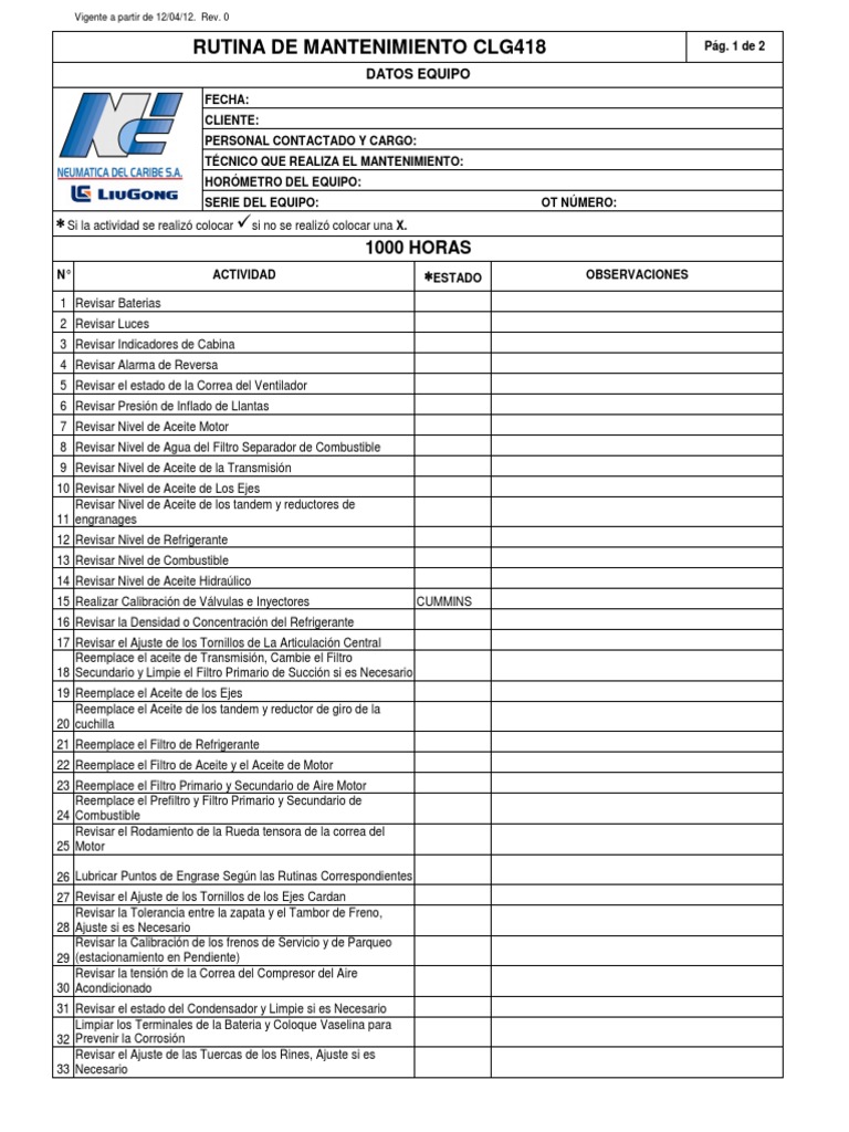 Rutina de Mantenimiento CLG 418 1000H | PDF | Tecnología de vehículos | Vehículos