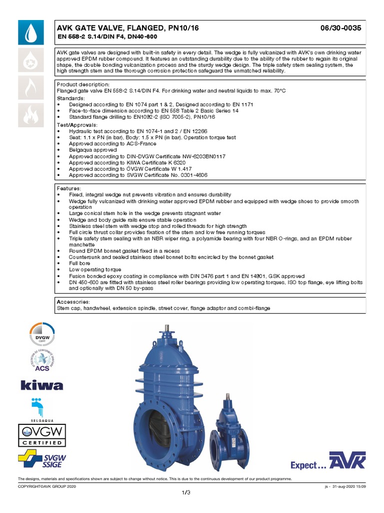 Avk Gate Valve, Flanged, Pn10/16 06/30-0035: EN 558-2 S.14/DIN F4, DN40-600 | PDF | Valve ...