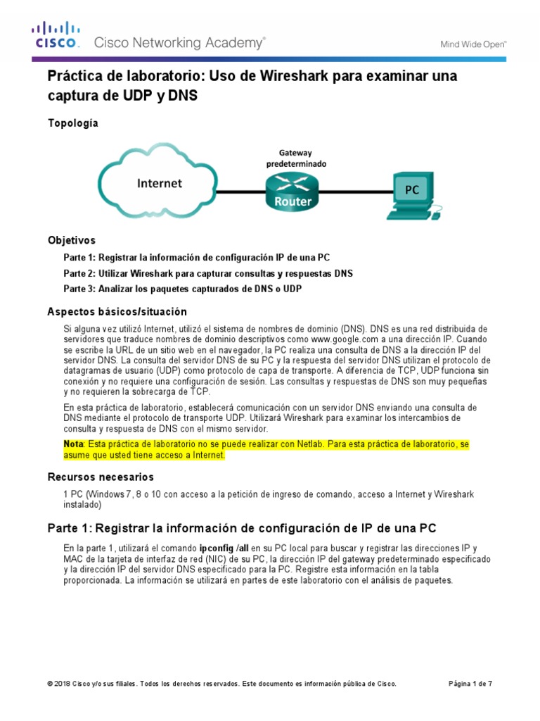9.2.3.5 Lab - Using Wireshark To Examine A UDP DNS Capture | Descargar gratis PDF | sistema de ...