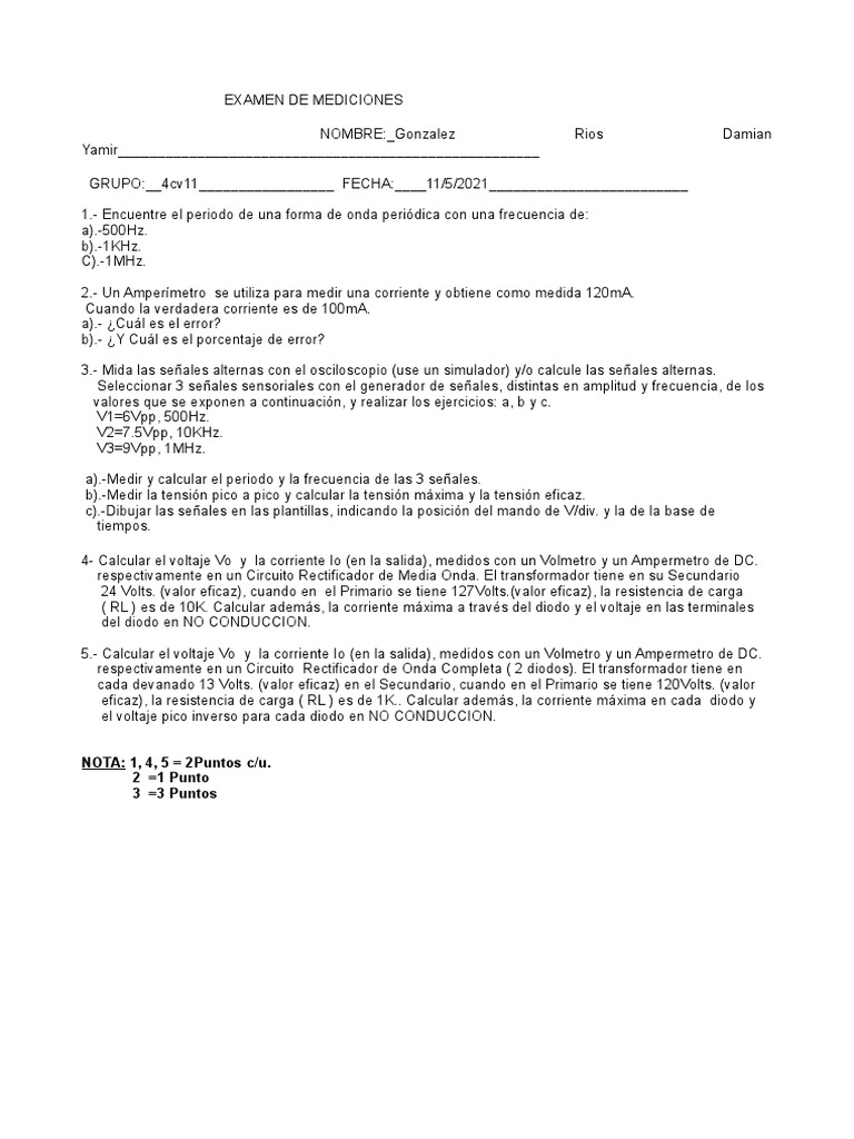 2do Examen Parcial de Mediciones | PDF