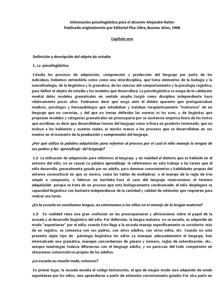 Psicolinguistica - Raiter Alejandro-PEP 2020 1-3 | PDF | Aquisición de ...