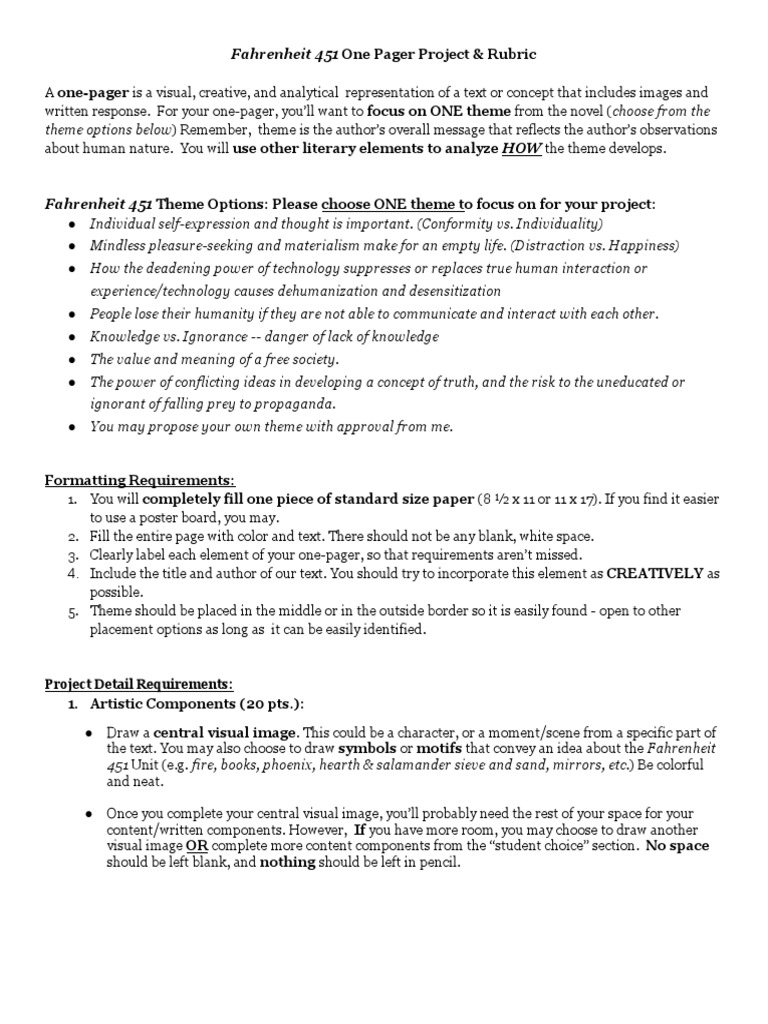 Fahrenheit 451 One Pager Project Directions Rubric | PDF | Psychology ...