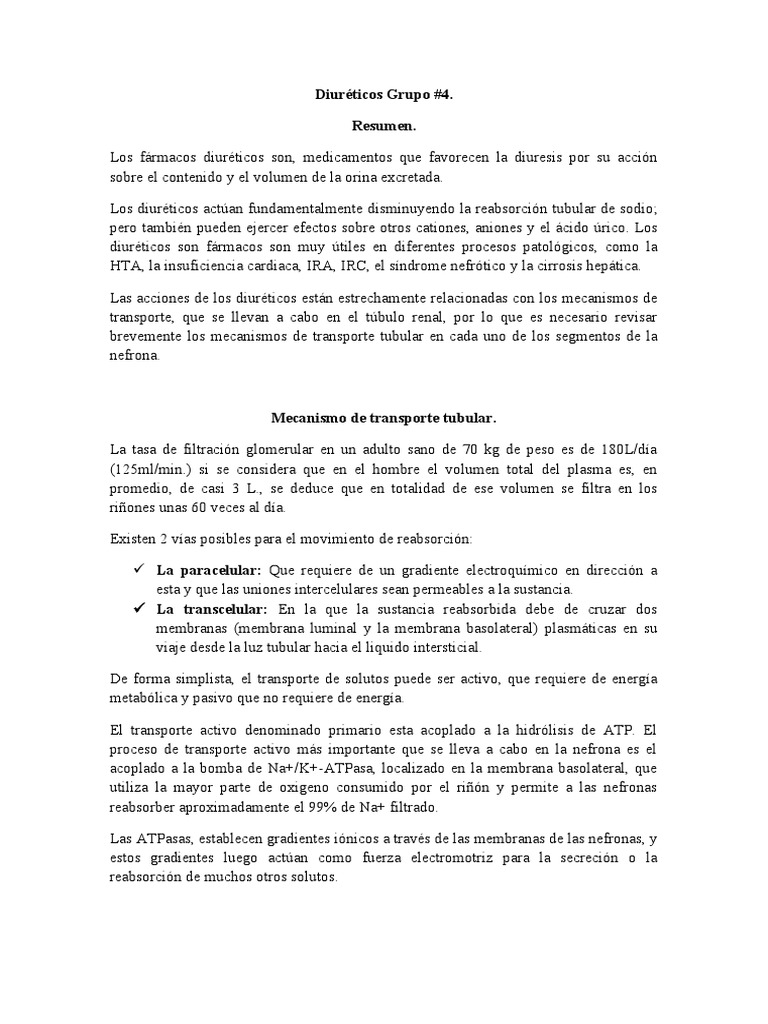 Resumen de Diuréticos y Mecanismos | PDF | Especialidades Medicas