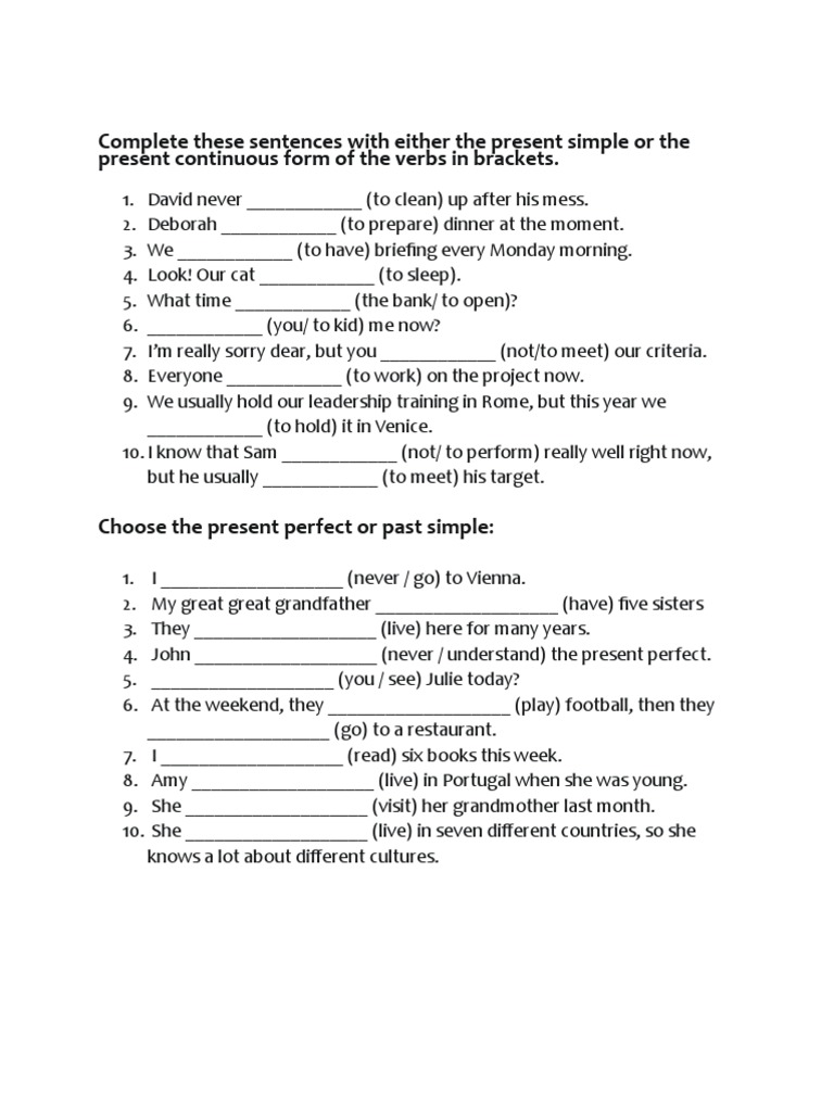 Present Simple vs Continuous Exercises | PDF | Language Arts ...