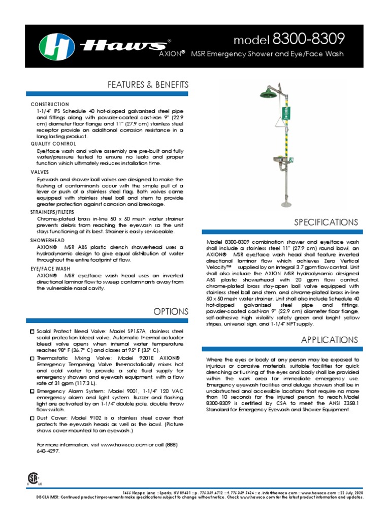 Haws Model 8300 8309 Specsheet PDF | PDF | Valve | Shower