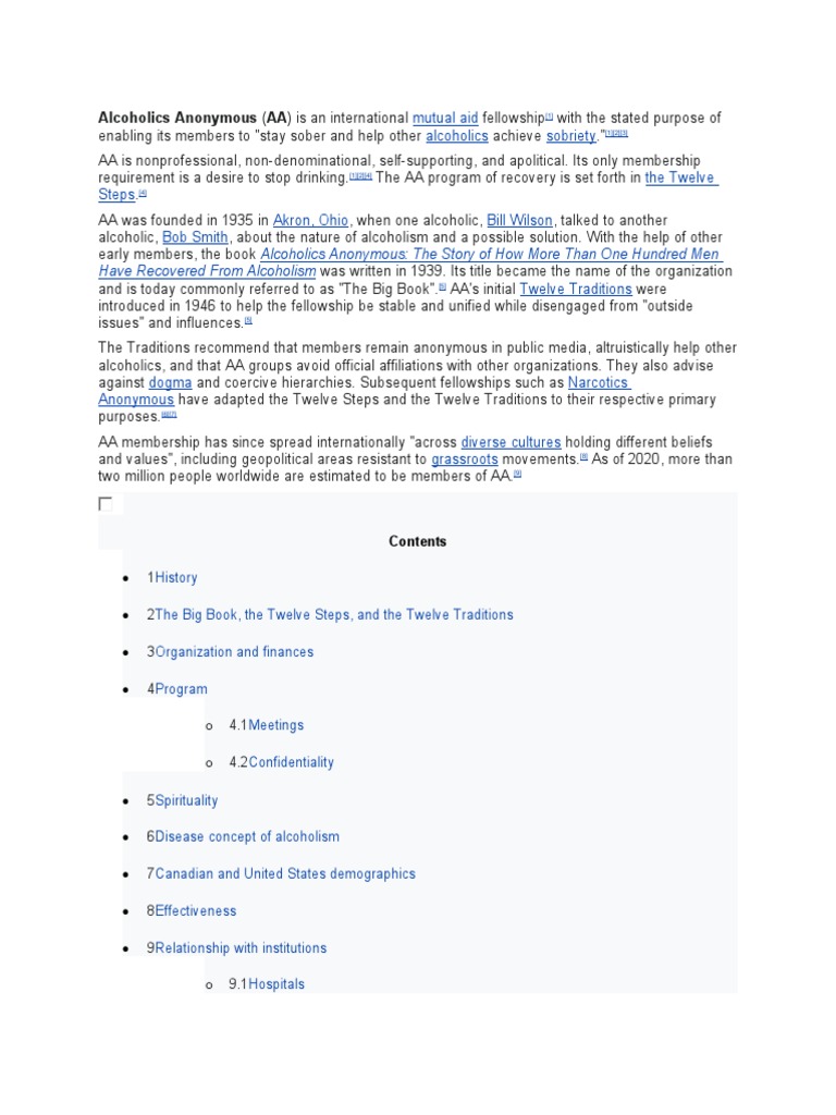Alcoholics Anonymous (AA) Is An International | PDF | Alcoholics ...