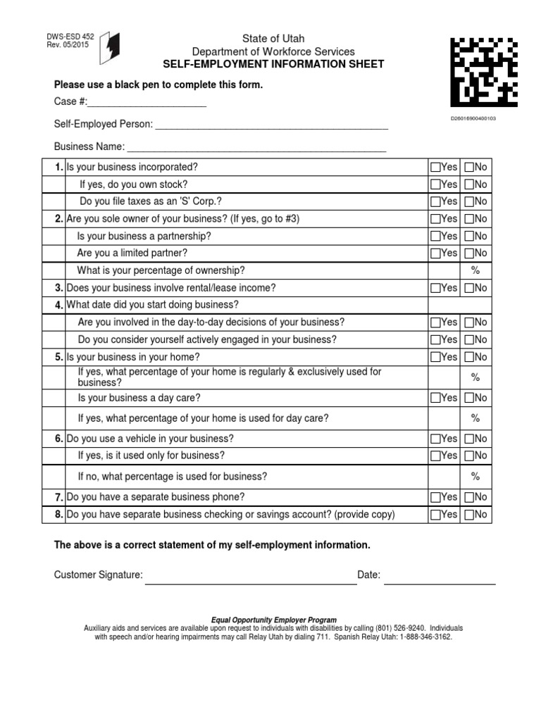 Self-Employment Information Sheet: State of Utah Department of ...