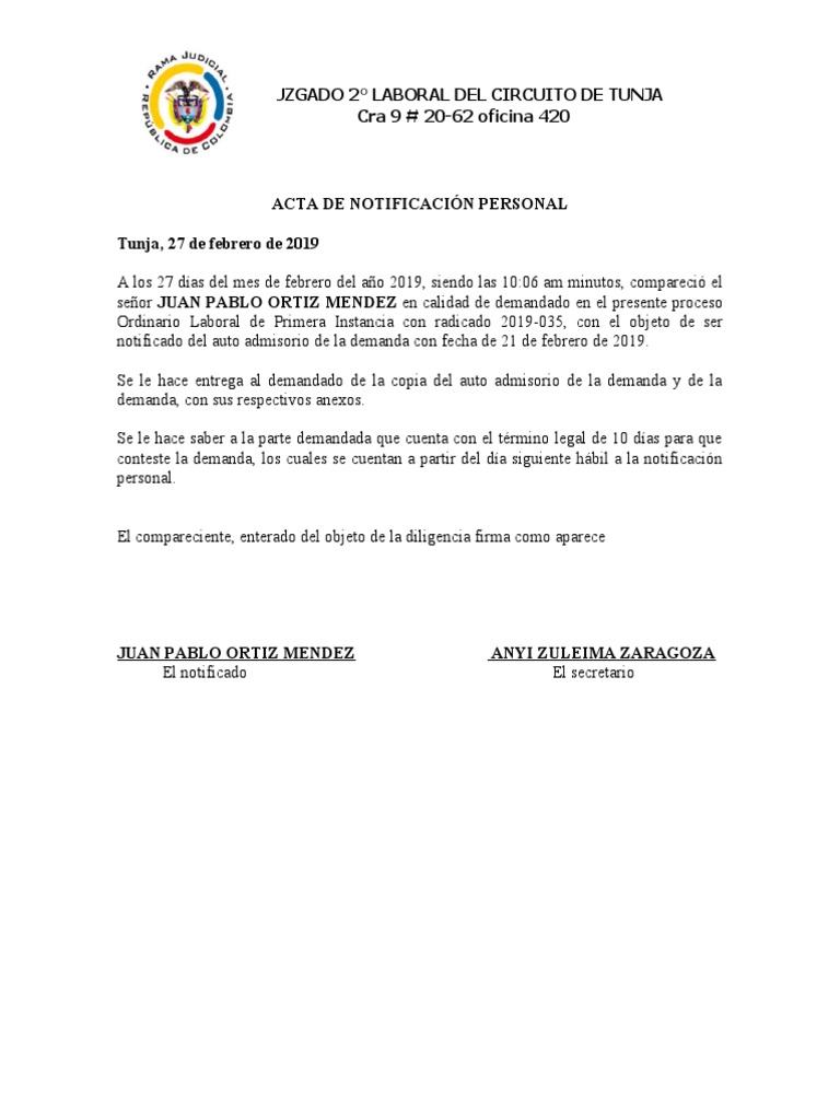 Acta de Notificación Personal | PDF Acta de Notificación Personal | PDF