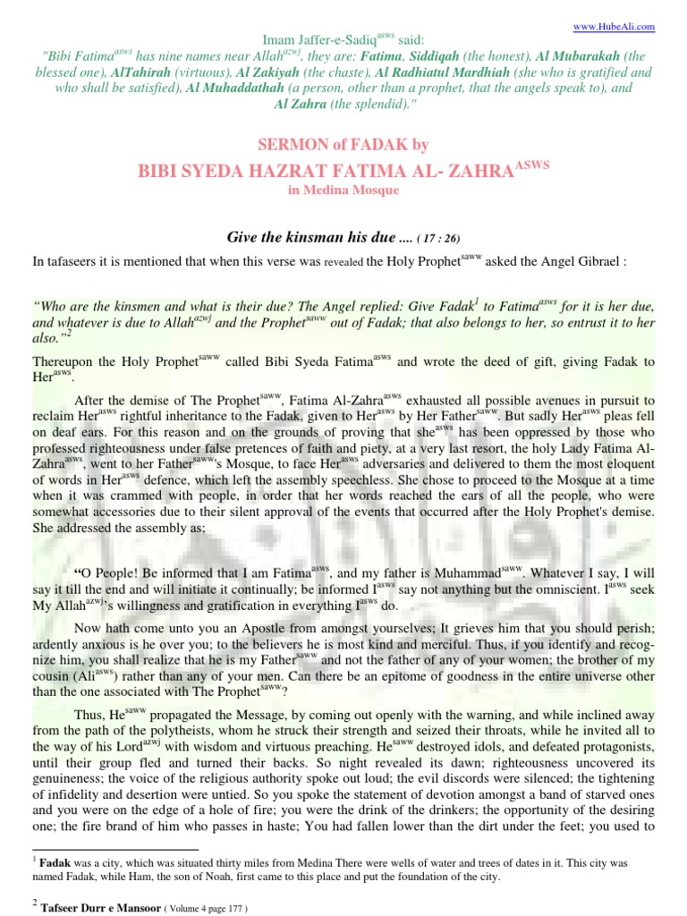 Khutba of Bibi Fatima at Fadak | PDF | Prophets And Messengers In Islam ...