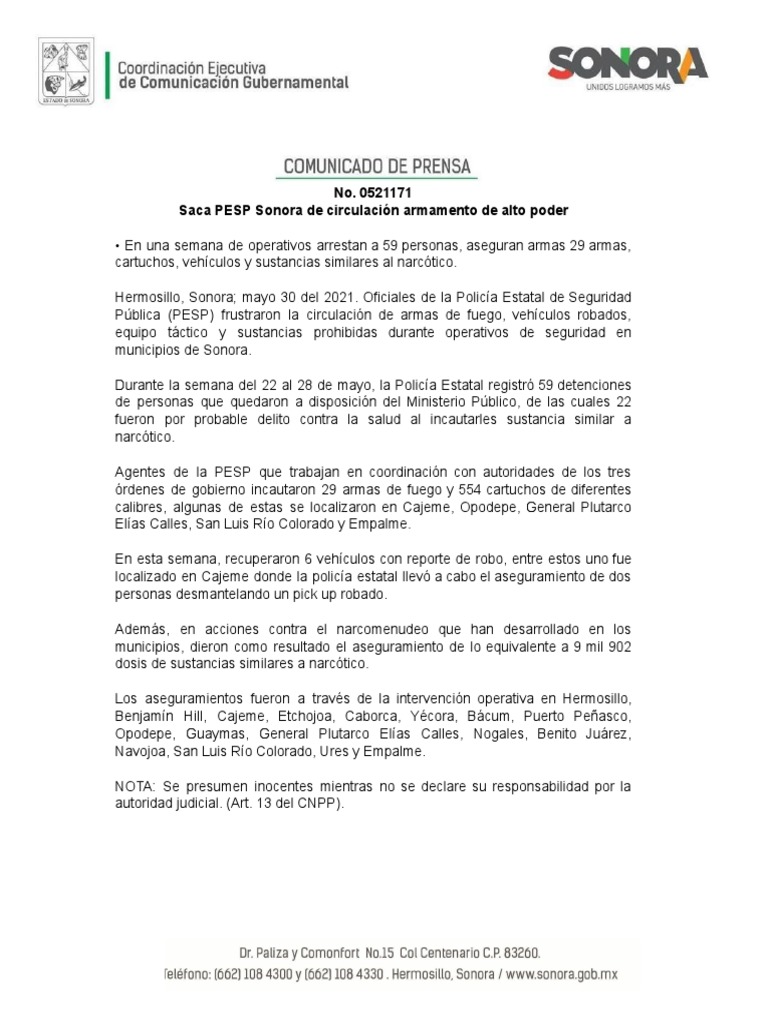 30-05-21 Saca PESP Sonora de Circulación Armamento de Alto Poder | PDF