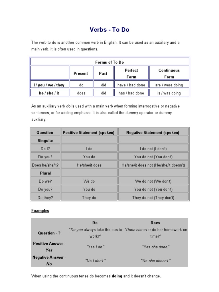 Verbs To Do | PDF | Verb | Syntax