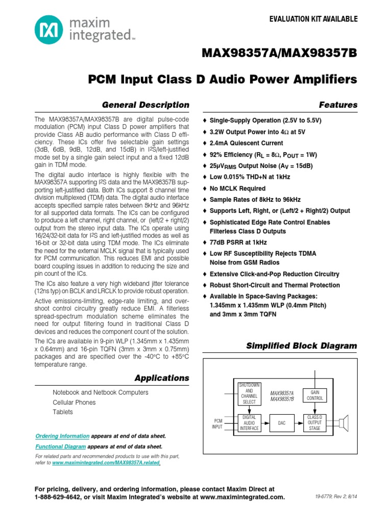 MAX98357A/MAX98357B PCM Input Class D Audio Power Amplifiers | PDF ...
