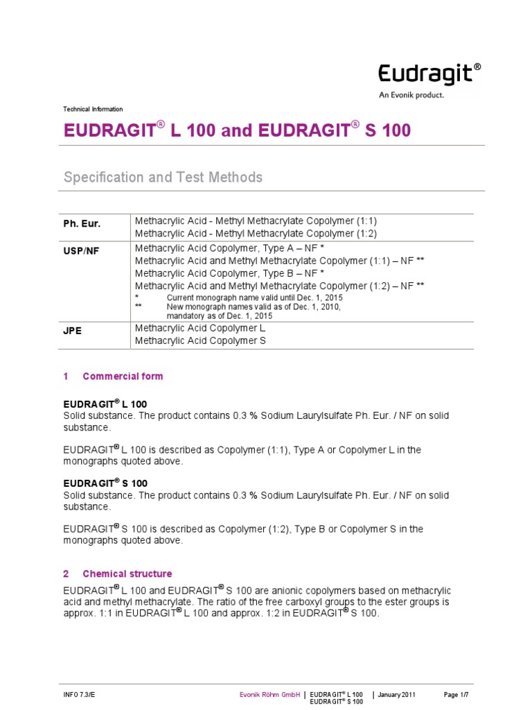 Eudragit L 100 and Eudragit S 100: Specification and Test Methods | PDF ...