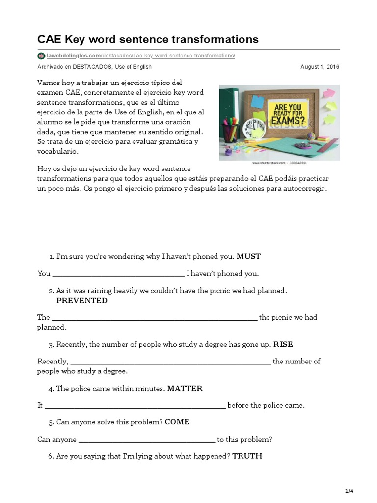 CAE Key Word Sentence Transformations | PDF | Language Arts ...