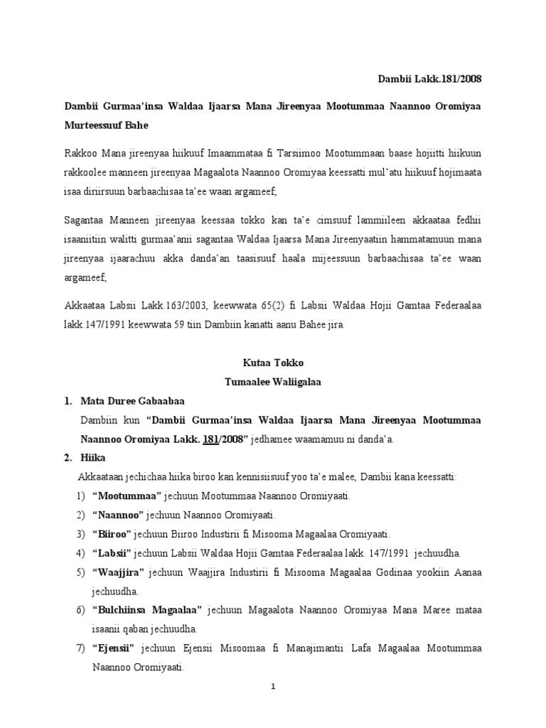 Dambii Waldaa Mana Jireenyaa Kaabineen Mirkanaa'e | PDF