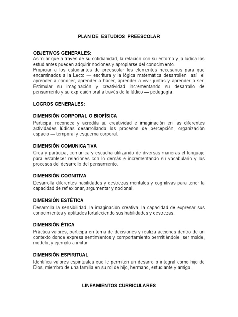 Plan de Estudios para Preescolar Integral | PDF | Educación de la ...