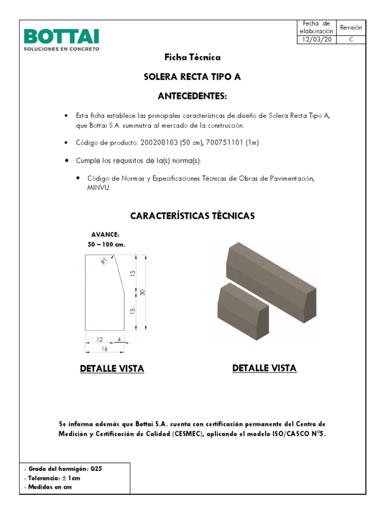 Ficha Técnica: Solera Recta Tipo A | PDF