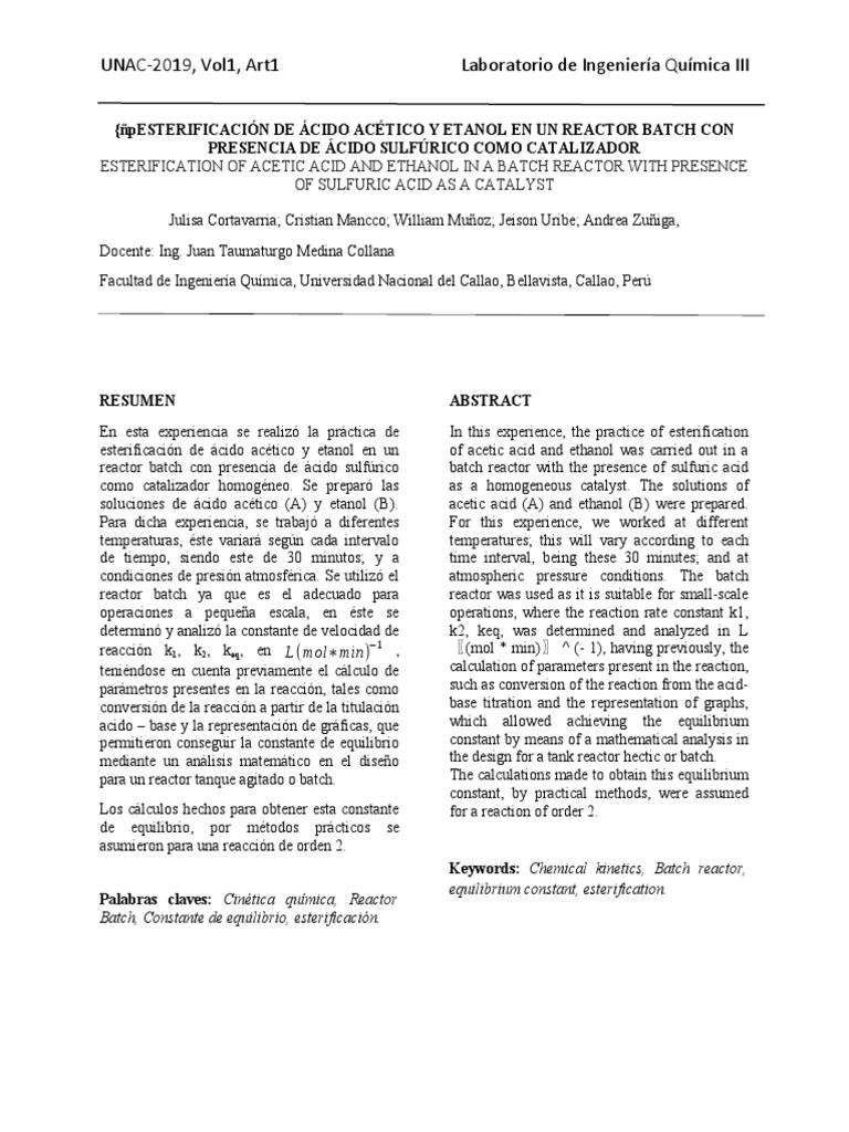 Reaccion De Esterificacion Reactor Batch Pdf Ester Equilibrio Químico