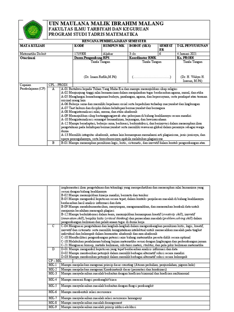 RPS Matematika Diskrit KKNI - Imam Rofiki | PDF