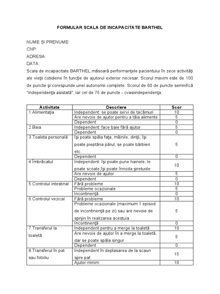 Formular Scala de Incapacitate Barthel | PDF