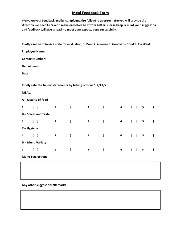 Meal Feedback Questionnaire | PDF | Career & Growth