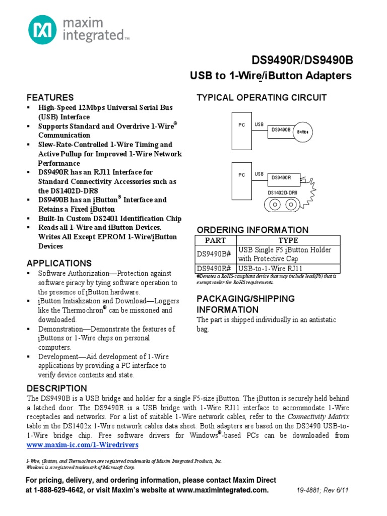 Ds9490R/Ds9490B: Usb To 1-Wire/Ibutton Adapters | PDF | Usb ...