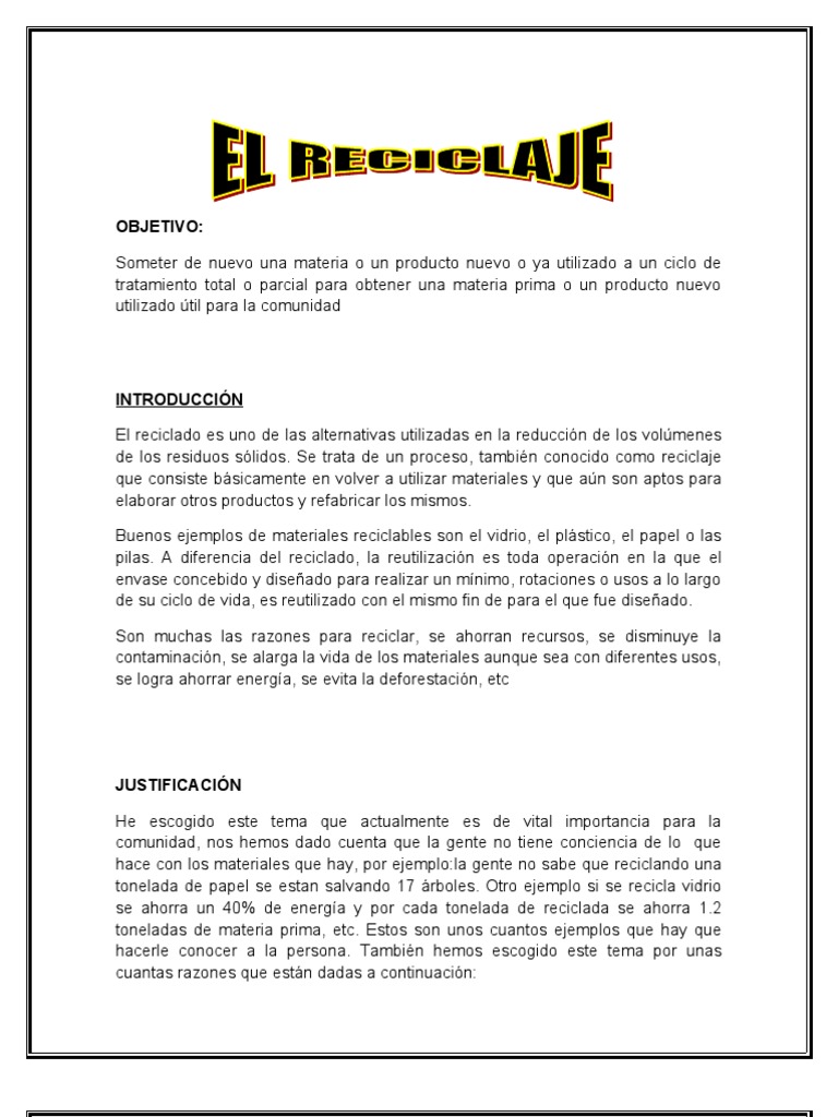 Proyecto De Reciclaje Pdf Reciclaje Residuos